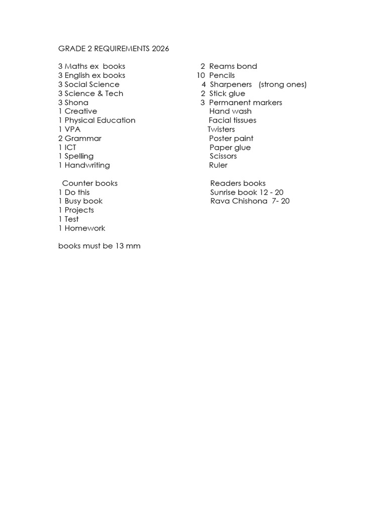 Grade 2 Requirements 2026 | PDF