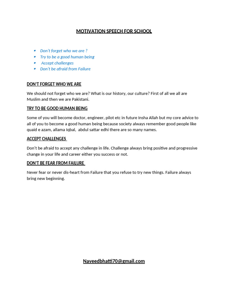 Inspiring School Motivation Speech | PDF