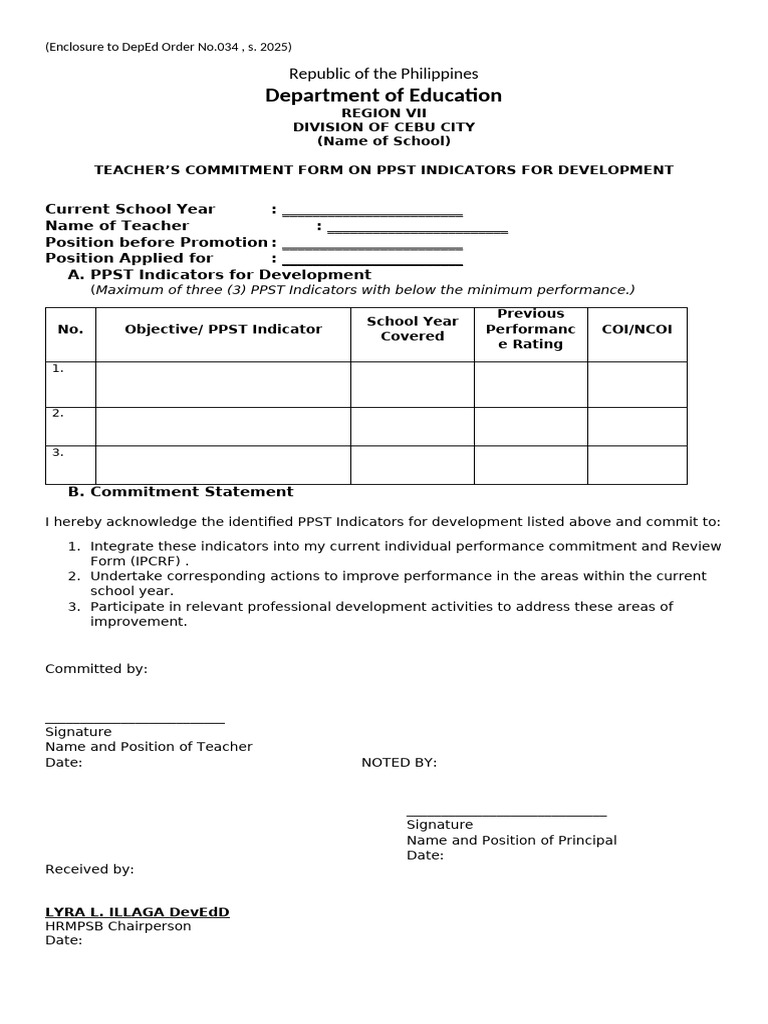 Teacher Commitment Form for PPST Indicators | PDF