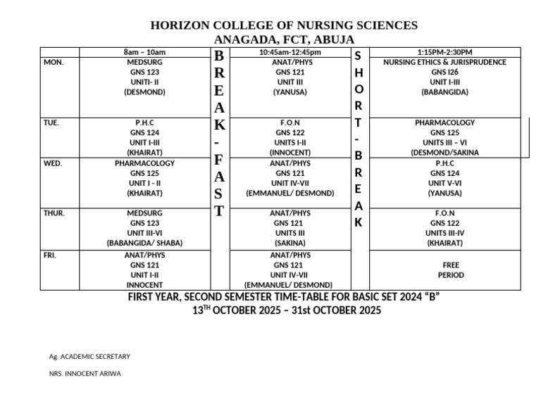 2024 Basic Nursing Timetable | PDF