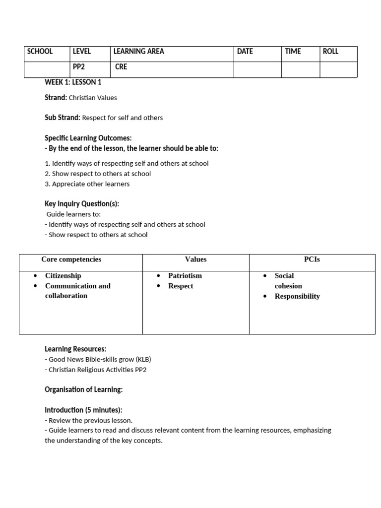 Pp2 Term 3 Cre Lesson Plans | PDF | Learning | Teachers