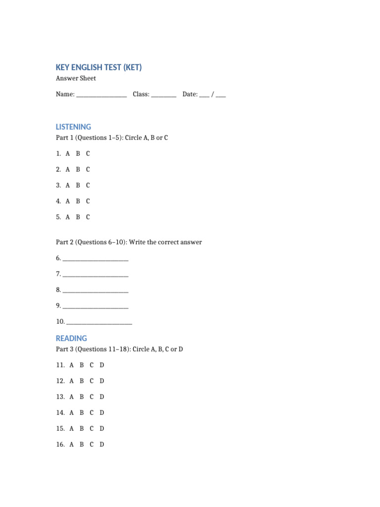 KET Answer Sheet | PDF