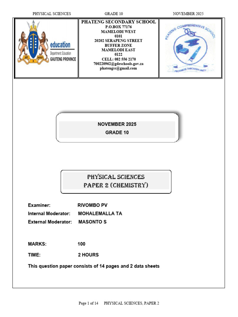 Grade 10 Physical Sciences Exam Paper | PDF | Chemical Substances ...
