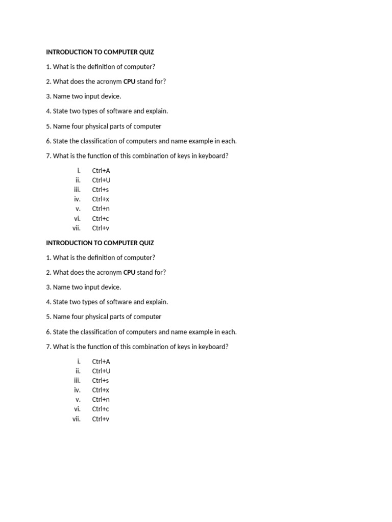 Computer Basics and Excel Access Quiz | PDF | Microsoft Excel | Input ...