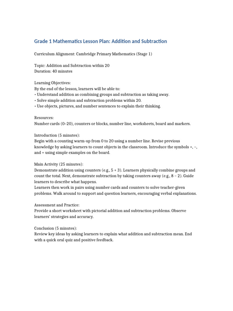 Grade 1 Math: Addition & Subtraction Lesson | PDF