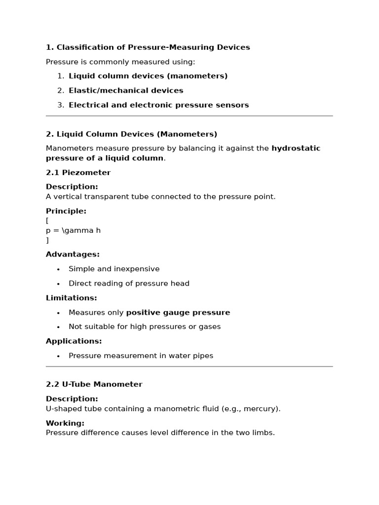 Pressure Measuring Devices Overview | PDF | Pressure Measurement | Pressure