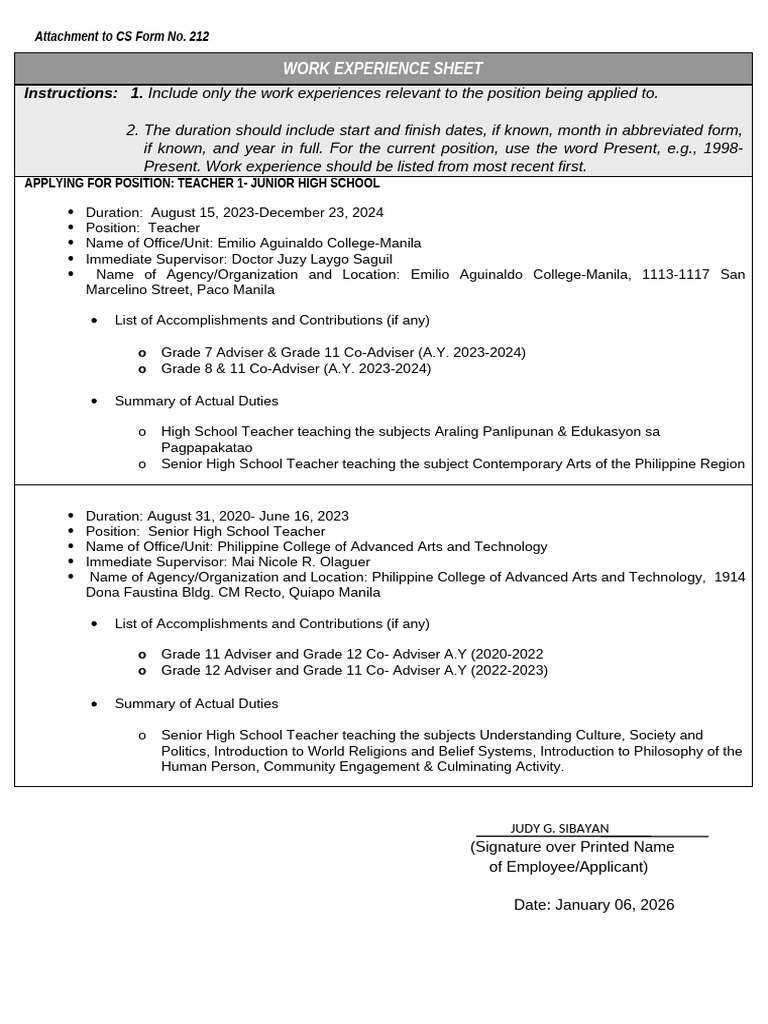 ANNEX H 2 CS Form No. 212 Attachment Work Experience Sheet | PDF