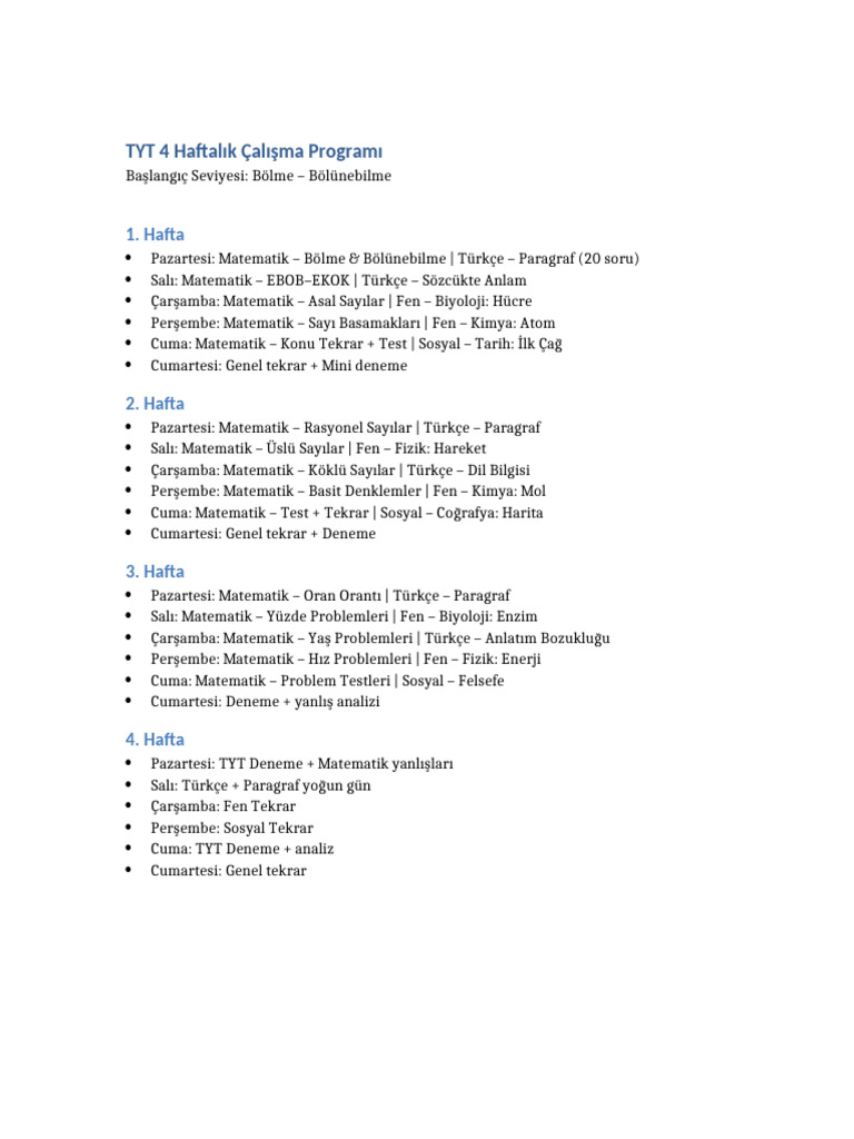 TYT 4 Haftalik Calisma Programi-1 | PDF