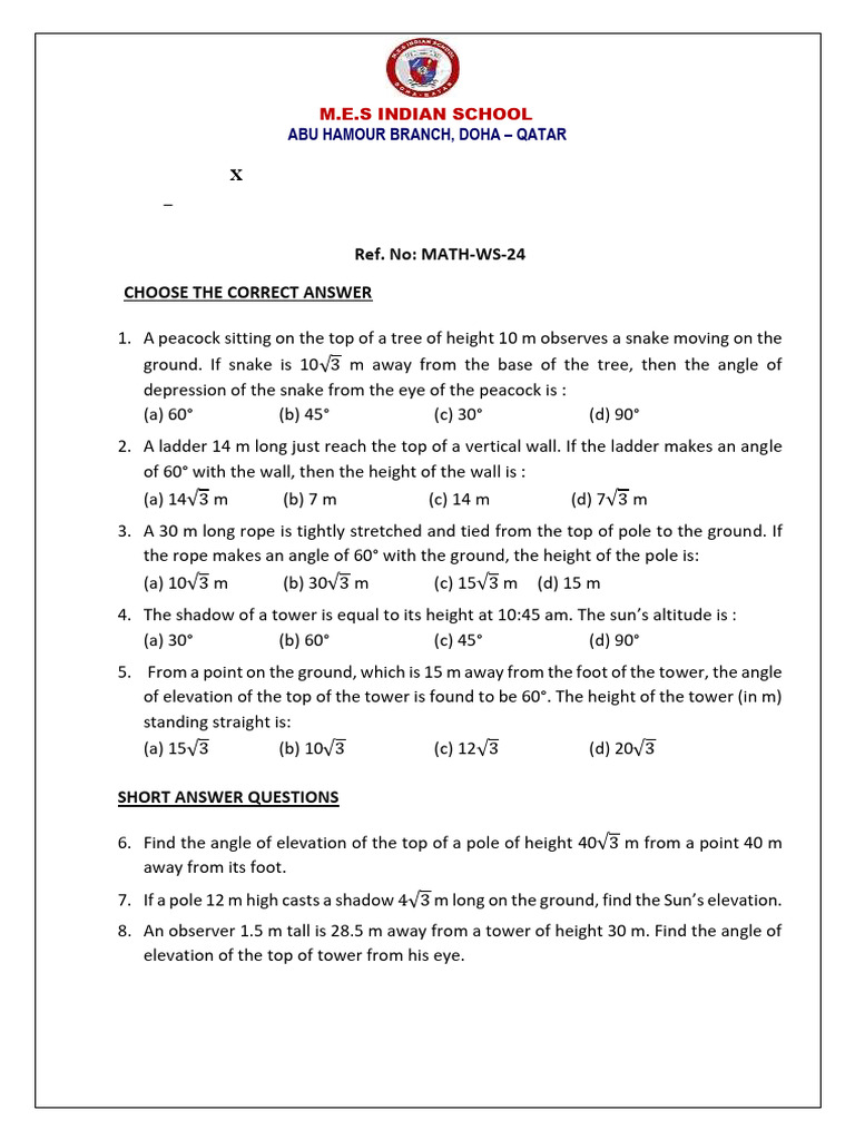 Grade 10 Trigonometry Worksheet 2025 | PDF