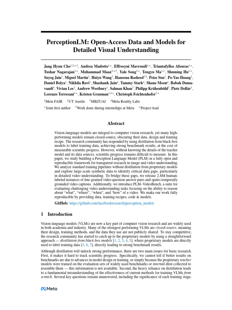 Perceptionlm: Open-Access Data and Models For Detailed Visual ...