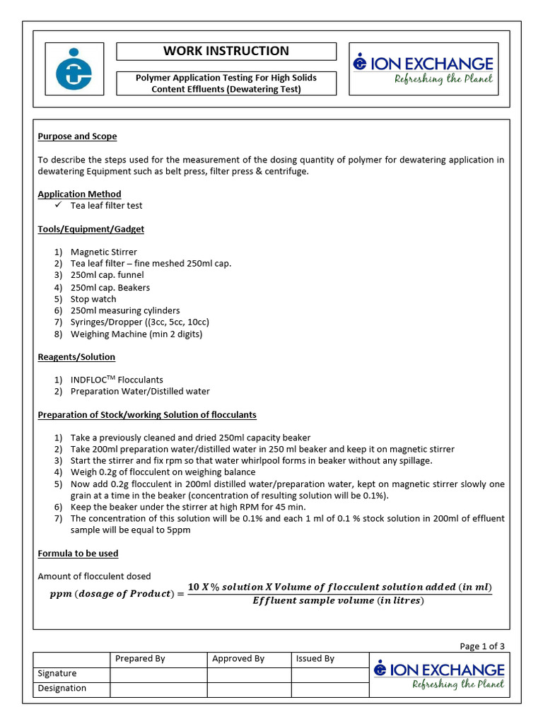 Work Instructions - Dewatering Test | PDF | Filtration