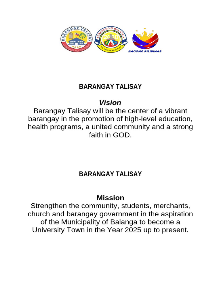 Barangay Talisay Vision and Mission | PDF