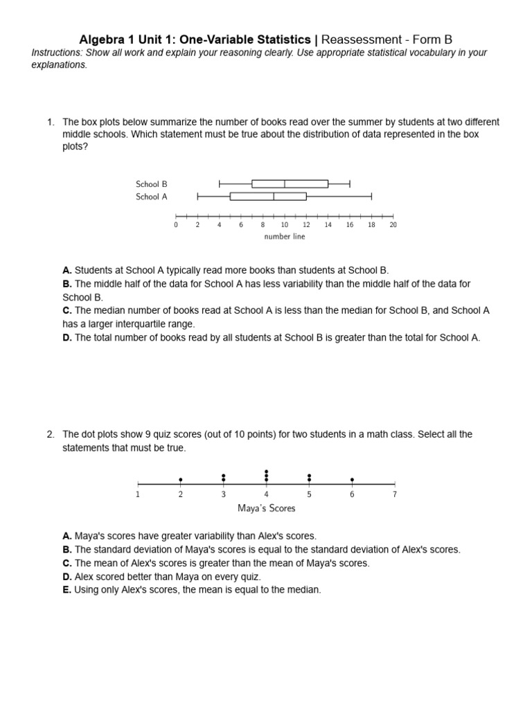 Algebra 1: One-Variable Statistics Reassessment | PDF | Median | Mean