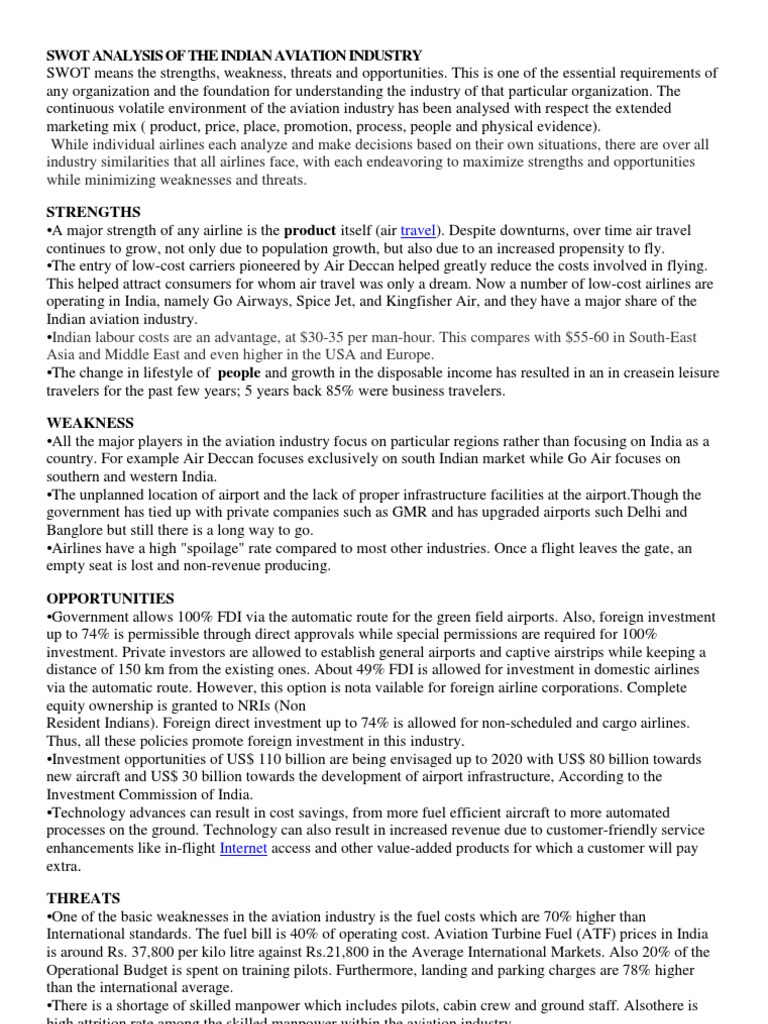 SWOT Analysis of Indian Aviation Industry | PDF | Airlines | Foreign ...