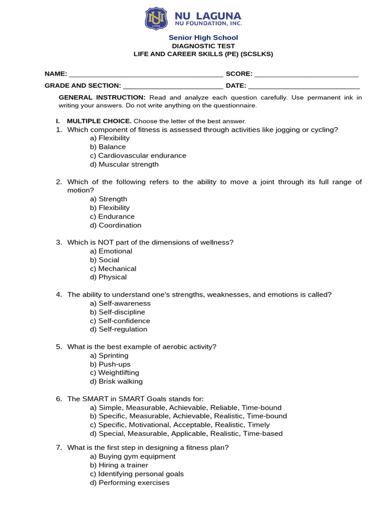 Senior High School Life Skills Diagnostic Test | PDF | Physical Fitness ...