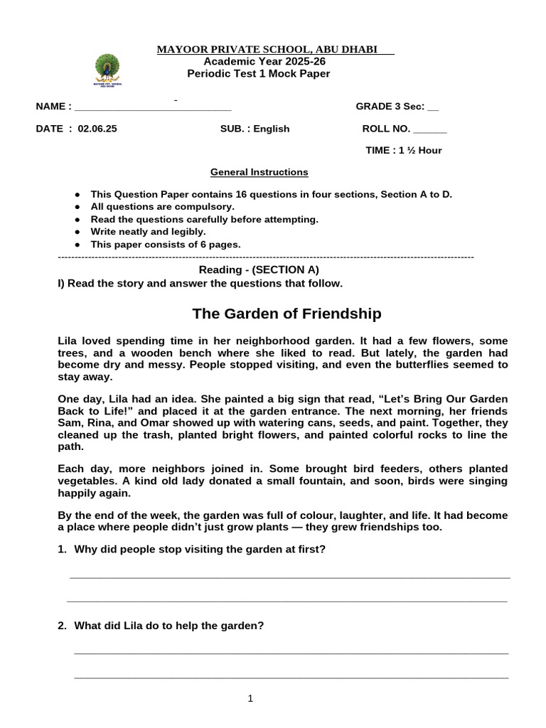 Grade 3 English Mock Test Paper | PDF | Sentence (Linguistics) | Clause