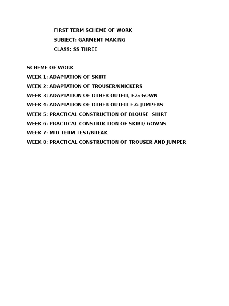 SS3 Garment Making Scheme of Work | PDF