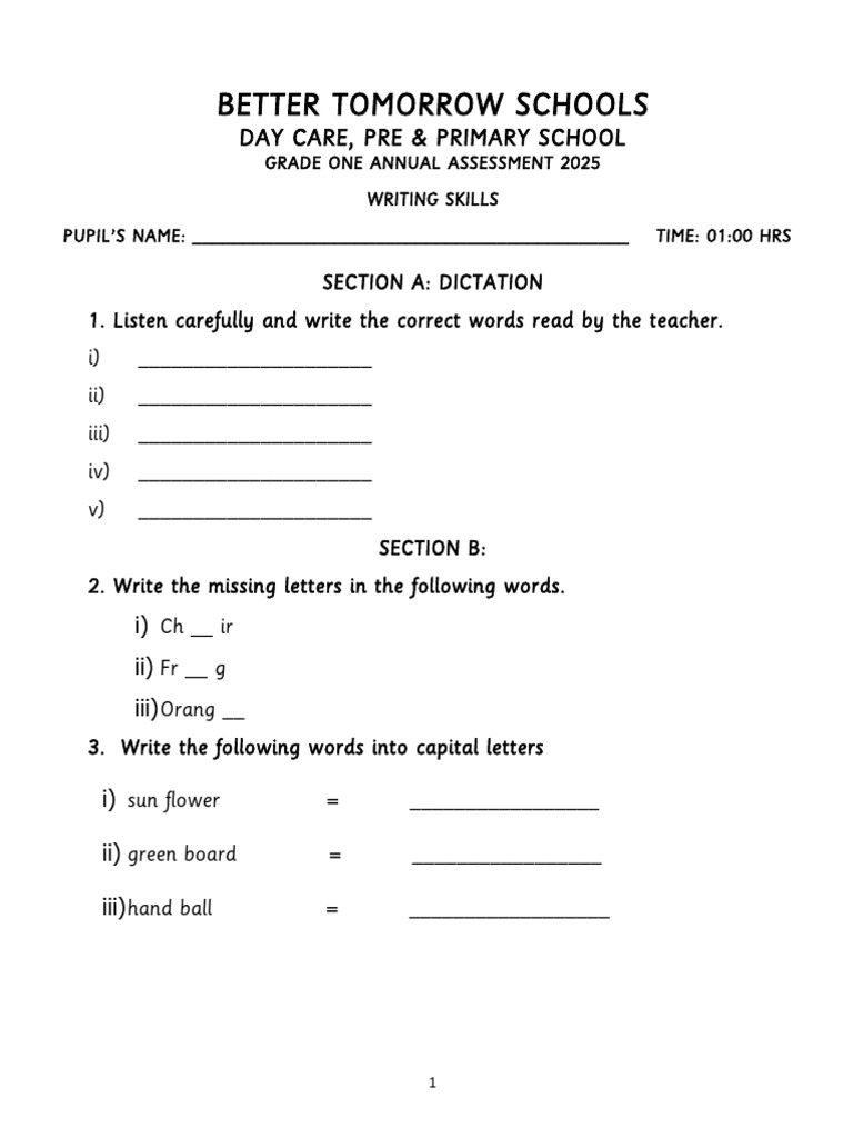Grade One Writing Skills Assessment 2025 | PDF
