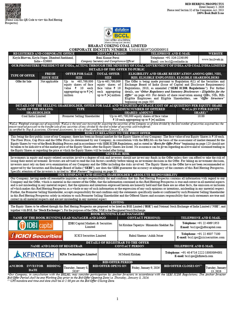 Bharat Coking Coal IPO Prospectus 2026 | PDF | Investing | Equity (Finance)