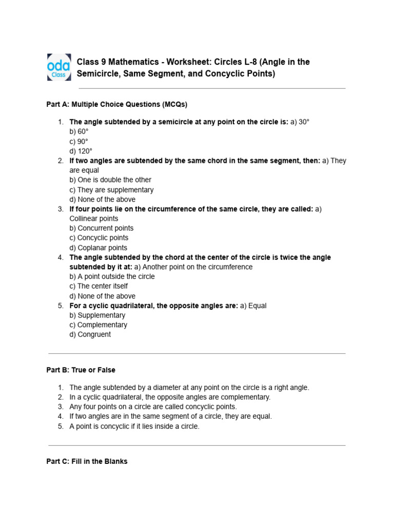 Class 9 Circle Geometry Worksheet | PDF | Circle | Angle