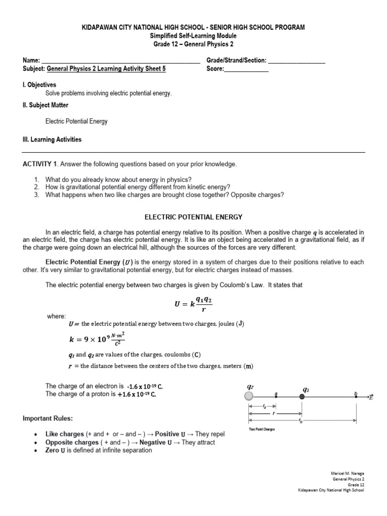 Electric Potential Energy Module for Grade 12 | PDF | Potential Energy ...