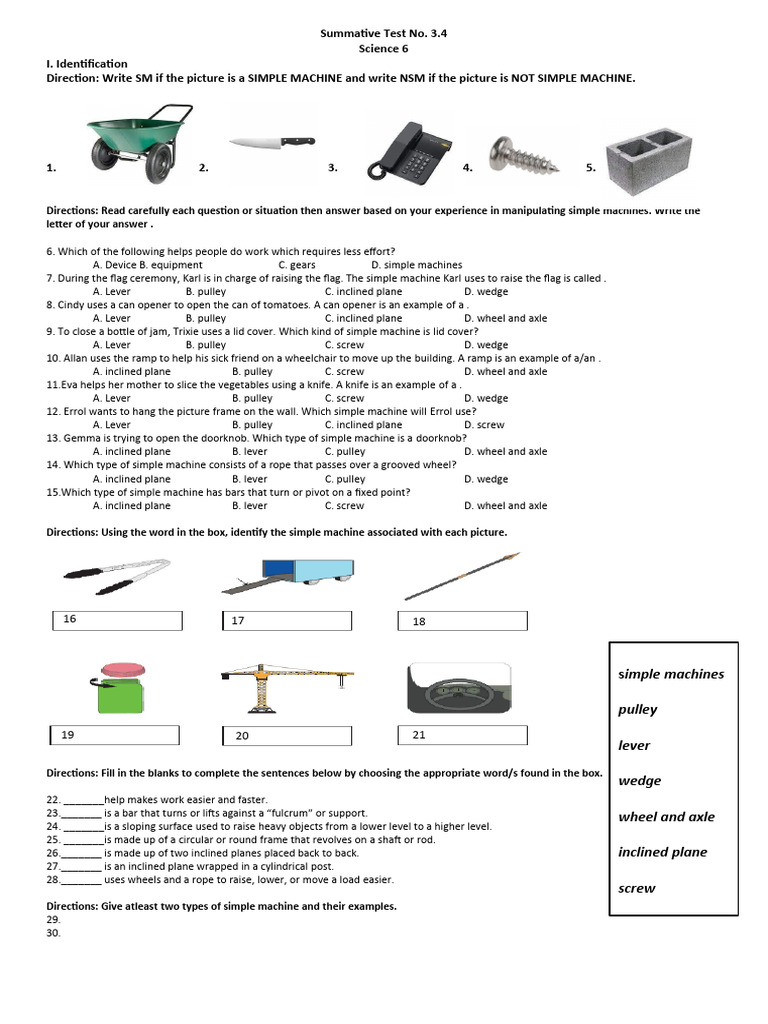 Simple Machines Identification Test | PDF | Machines | Lever