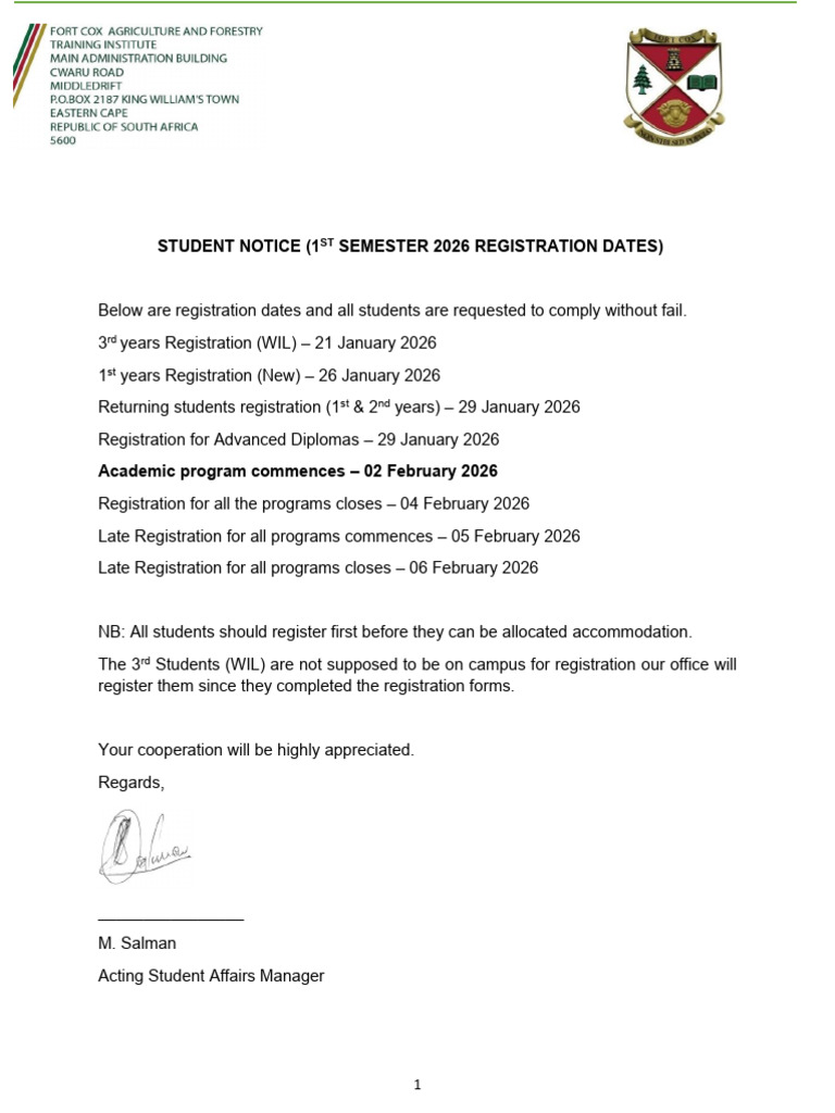 2026 Semester Registration Dates Notice | PDF