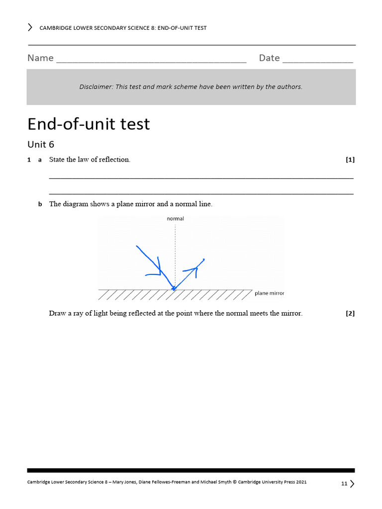 Cambridge Science 8 Unit 6 Test | PDF | Light | Solar System