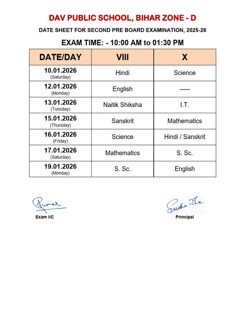 DAV Public School Pre Board Exam Schedule | PDF