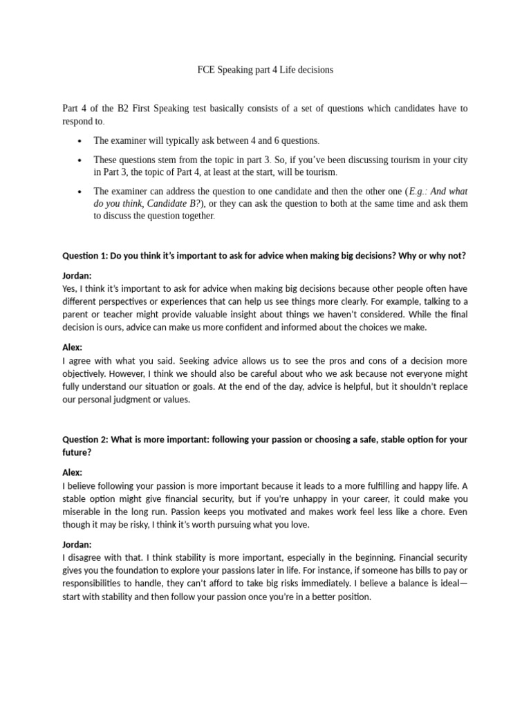 FCE Speaking Part 4: Life Decisions Tips | PDF | Adolescence | Risk