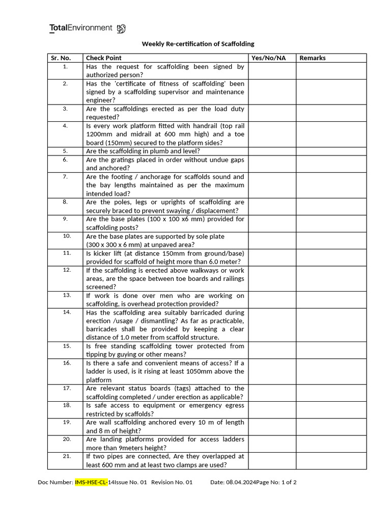 Weekly Scaffolding Safety Checklist | PDF | Scaffolding
