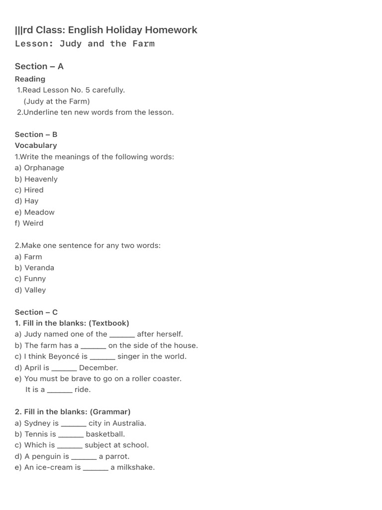 RD Class - English Holiday Homework | PDF