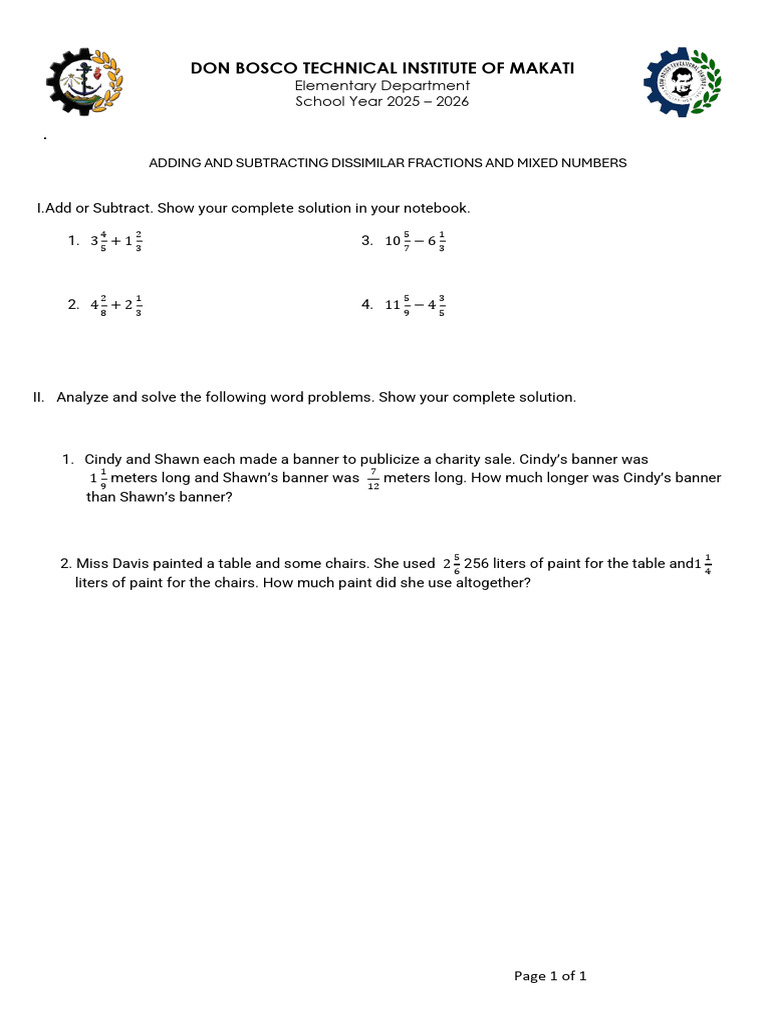 Worksheet Adding and Subtracting Dissimilar Fractions | PDF