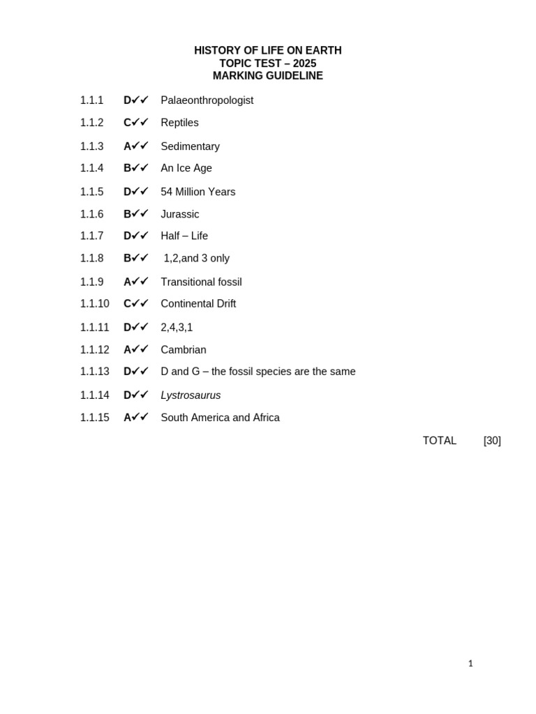 History of Life Topic Test 2025 Marking Guideline | PDF