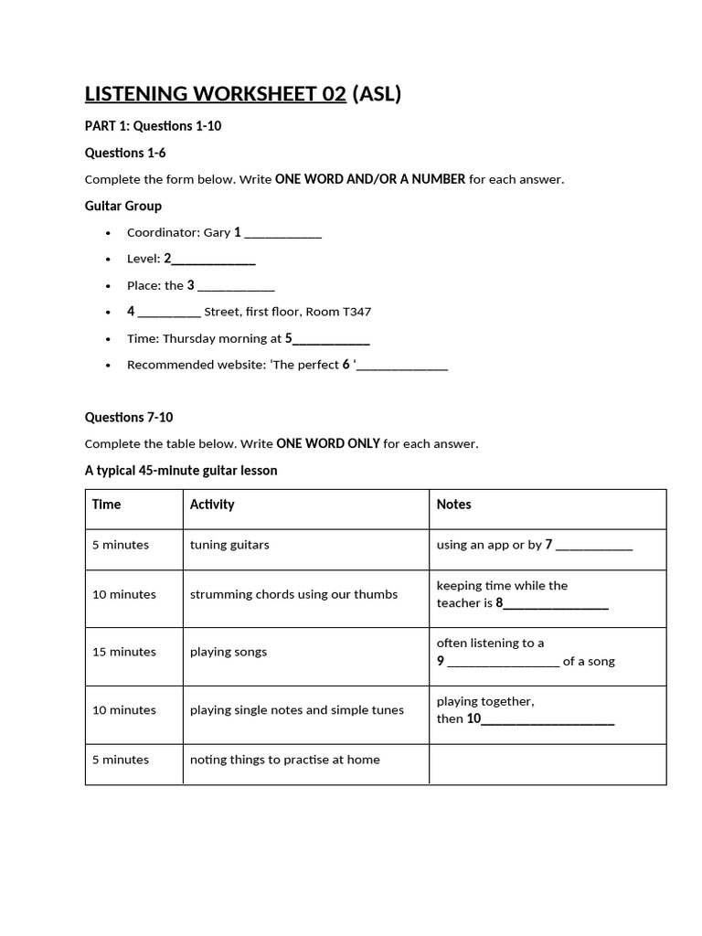 ASL Listening Worksheet 02 Guide | PDF
