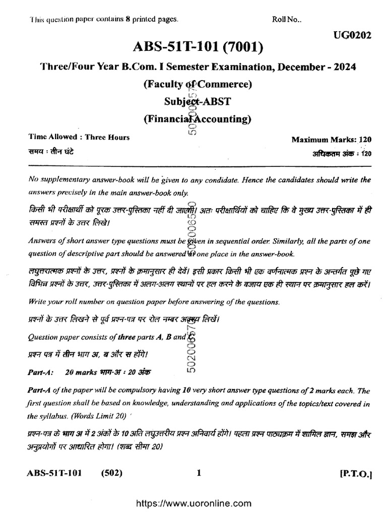 Bcom 1 Sem Abst Financial Accounting Abs 51t 101 Dec 2024 | PDF