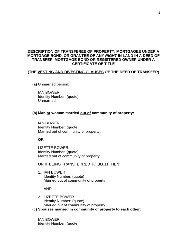 Property Transfer Vesting Clauses Guide | PDF | Mortgage Law ...