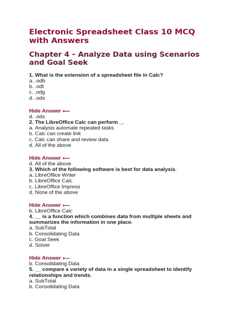 1764404796303.Electronic Spreadsheet Class 10 MCQ With Answers | PDF ...