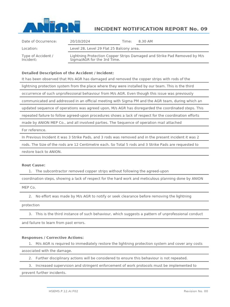 Lightning Protection Damaged Incident Notification No. 09 | PDF