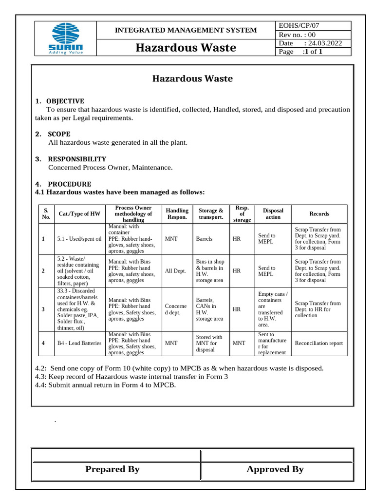 EOHS_CP_07 - Procedure for Hazardus Waste | PDF | Waste | Hazardous Waste