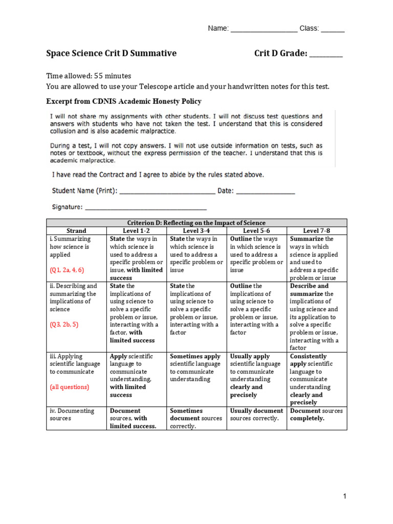 G6 Space Assessment- Crit D Summative (Questions) | PDF | Science ...