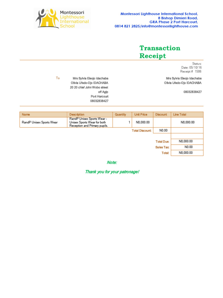 Cash Sale #1586 From Montessori Lighthouse International School | PDF ...