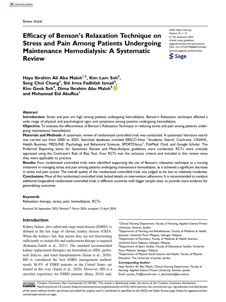 Efficacy of Benson's Relaxation in Hemodialysis | PDF | Randomized ...