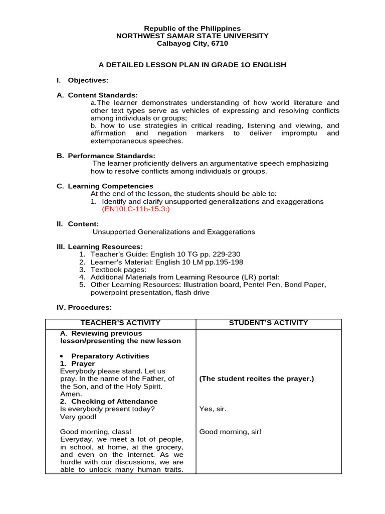 Sample Lesson Plan in English Using the-1 | PDF