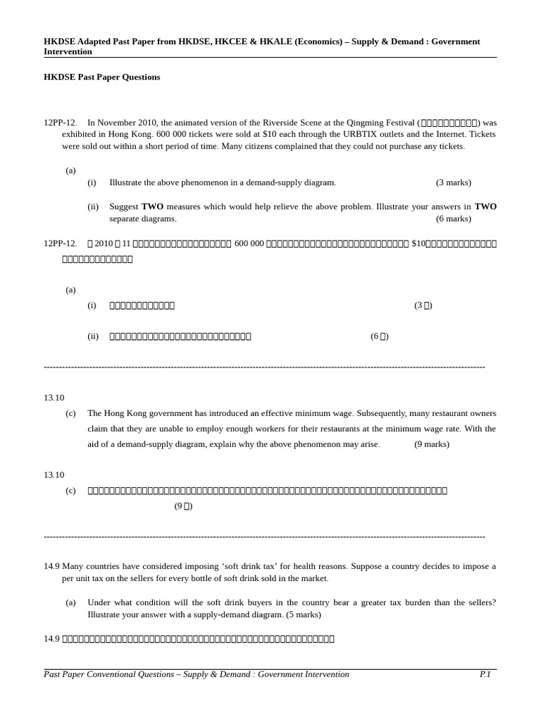 DSE Past Paper LQ 04 Supply Demand Govt Intervention 91-18 W Ans | PDF ...