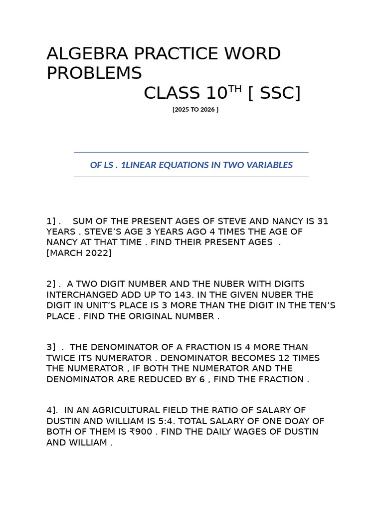 Algebra Practice Word Problems | PDF