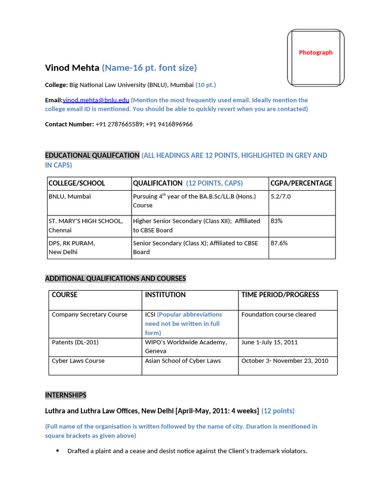 Model CV for Law Students | PDF