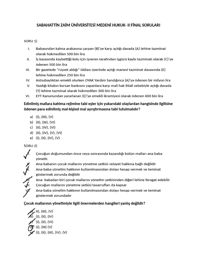 Medeni finali doğru cevaplar | PDF