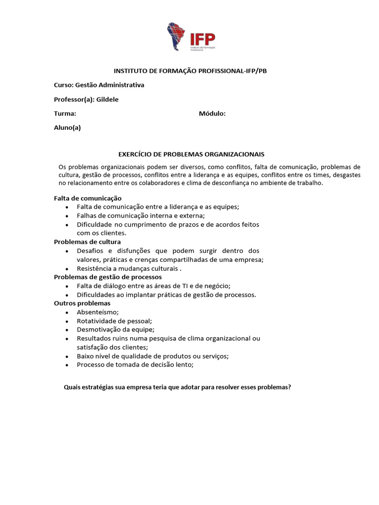 Ex Exercício de Problemas Organizacionais3 | PDF
