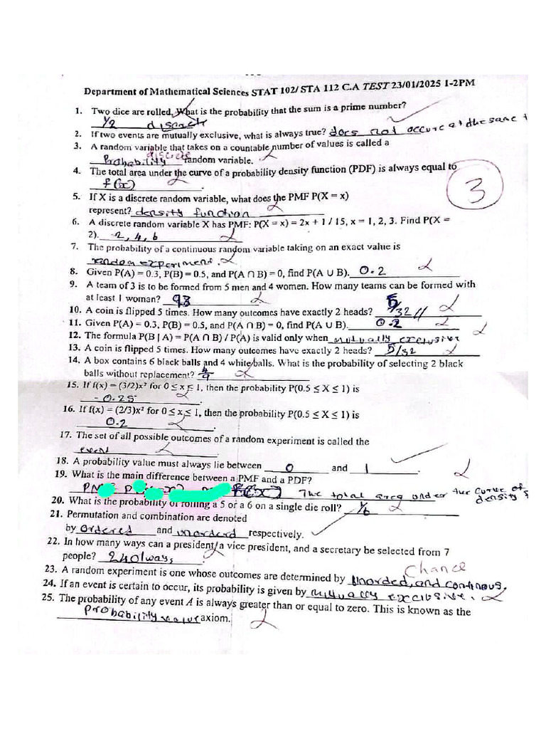STA 112 CA TEST Past Questions | PDF